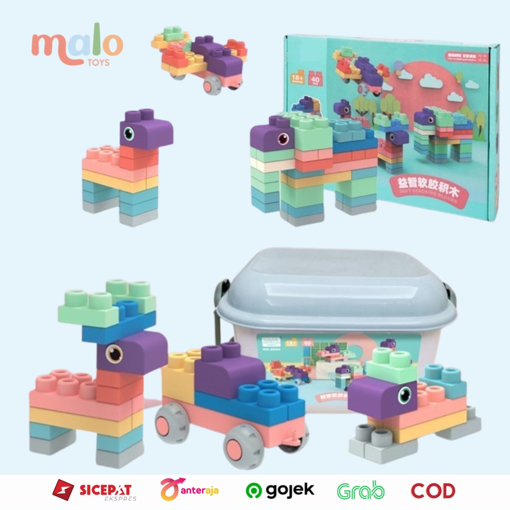Jual MALOTOYS - Soft Rubber Bricks 40 pcs 50 pcs Building Blocks Main Bayi Compatible Lentur ...