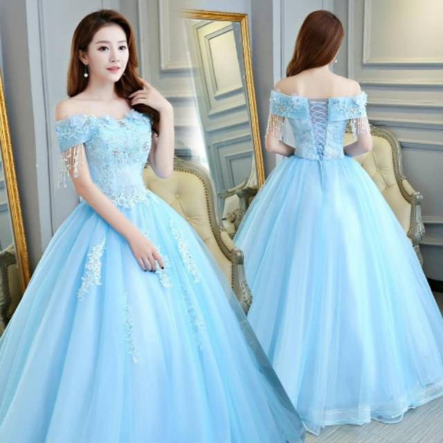 Jual Gaun pengantin gaun pesta/prom/mc/singer dress biru langit turtle ...