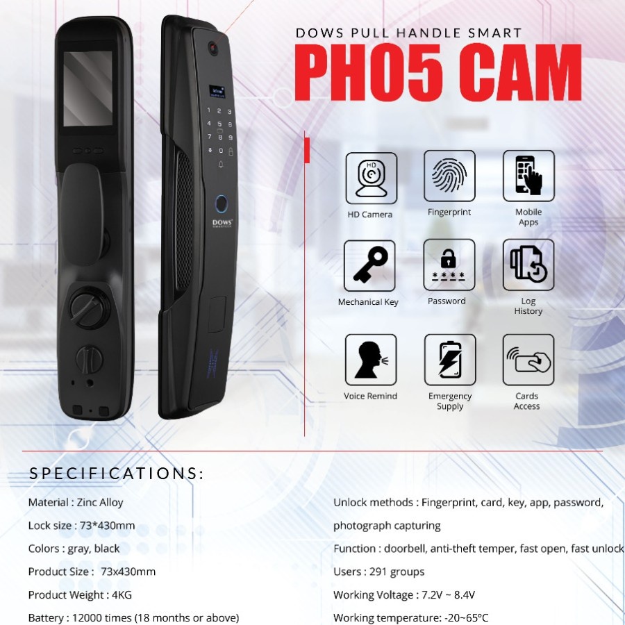 Jual Smart lock, kunci pintu digital pake kamera merk DOWS tipe PH05 ...