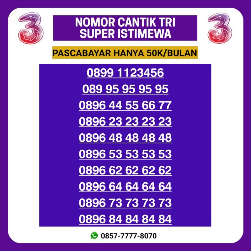 Jual NOMOR CANTIK THREE TRI PASCABAYAR HANYA 50K/BULAN LHO | Shopee ...