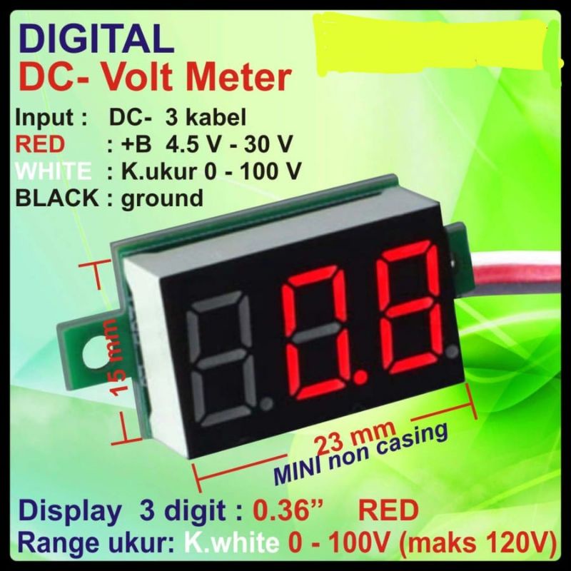 Jual Mini Digital 036 Voltmeter Volt Panel Volt Meter 0 100v Dc 3 Kabel Shopee Indonesia 