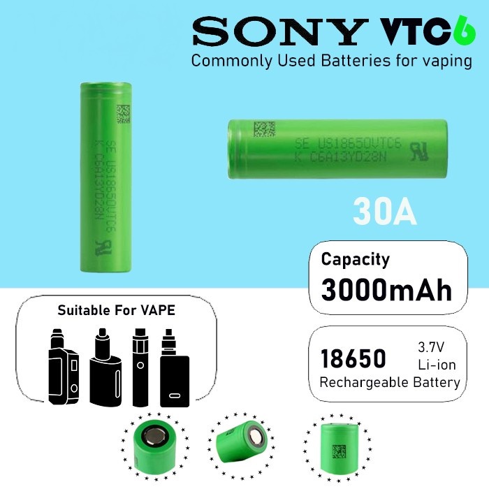 Jual Baterai SONY US18650 VTC6 3000mAh 30A For Vape - Real Kapasitas ...