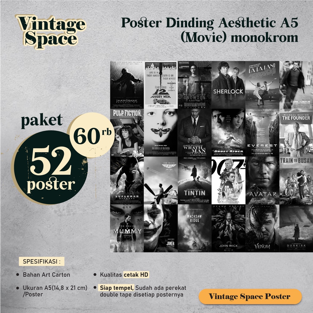 Jual Poster film monokrom A5 Paket 52 pc / poster dinding aesthetic ...