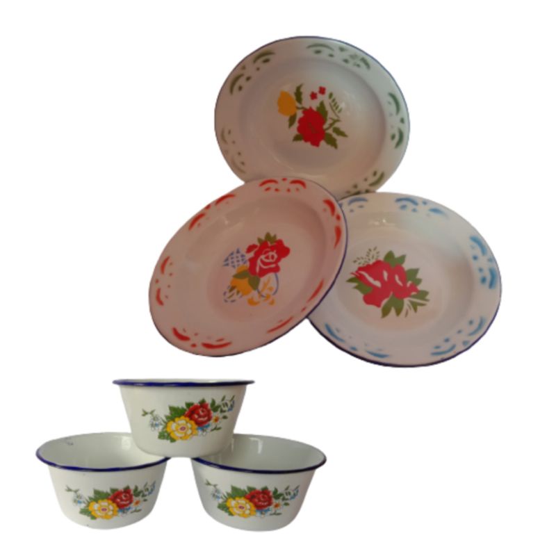 Jual mangkok dan piring seng/enamel paket 3,mangkok 12 cm kembang dan 3 ...