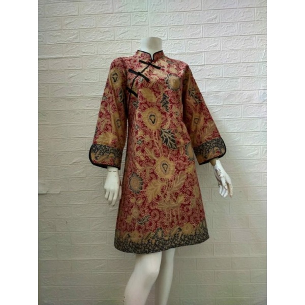 Jual dress batik krah shanghai motif bunga matahari warna merah maroon ...