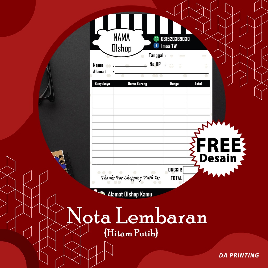 Jual [DA PRINTING] Nota Olshop Hitam Putih/Nota Penjualan/ Nota Custom ...