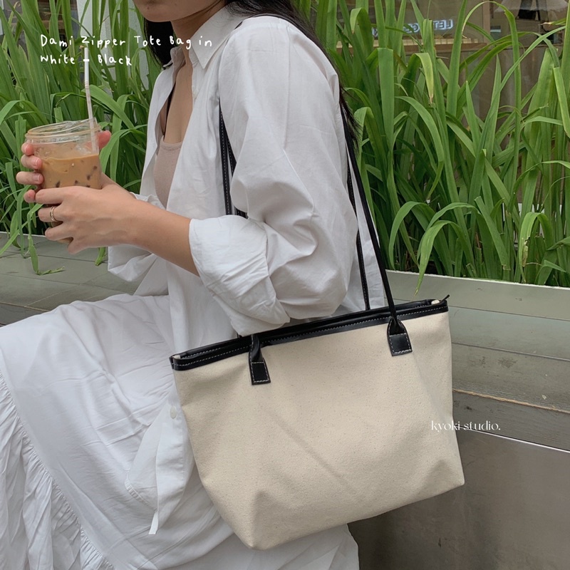 Jual Dami Zipper Closure Tote Bag - INS Korean Tote Bag | Shopee Indonesia