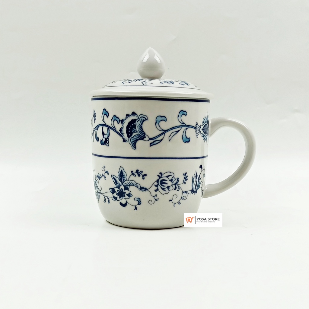 Jual Mug + Tutup Gelas minum Keramik Motif Ming Gelas Kopi 1 Pc ...