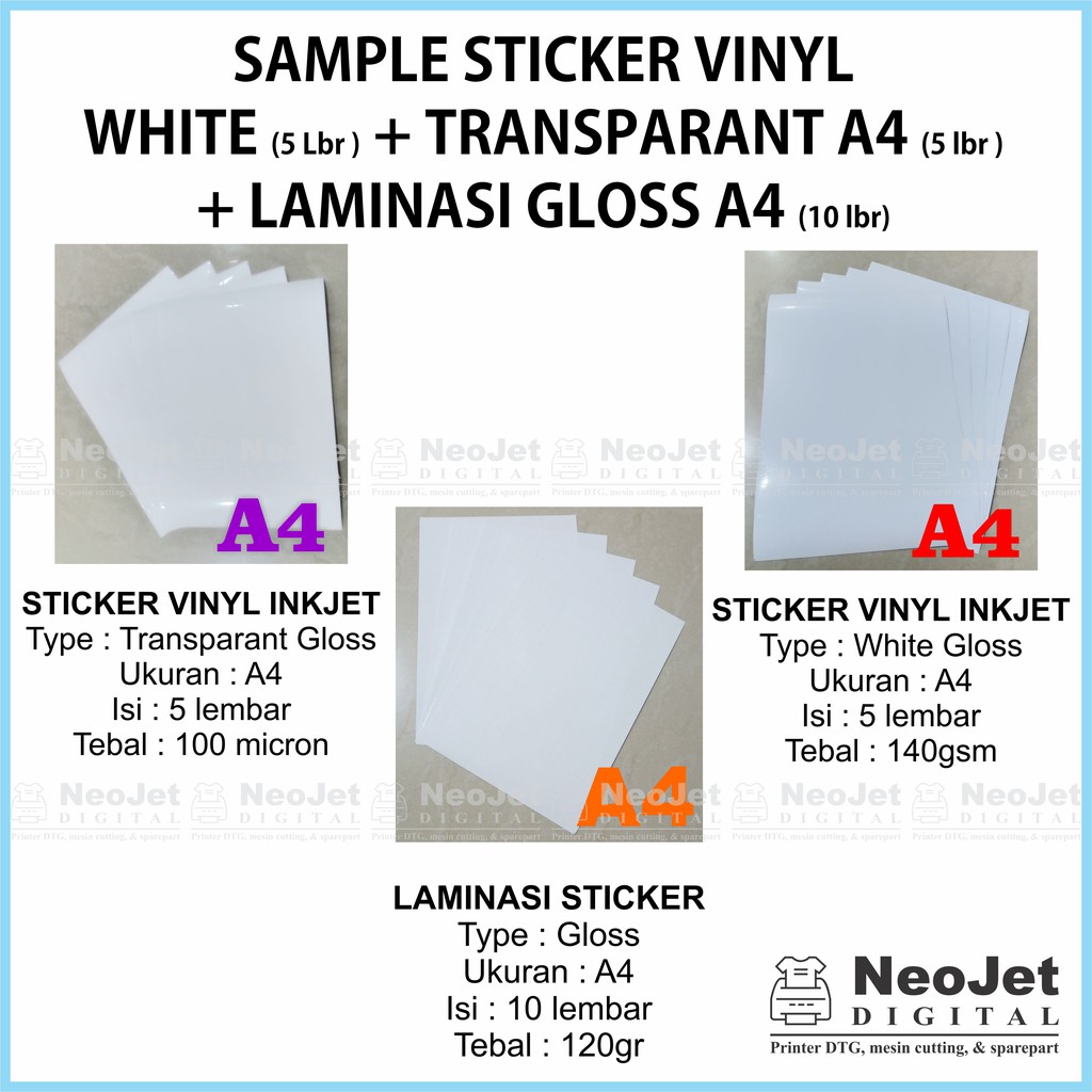 Jual Sample Sticker Vinyl Inkjet White + Transparan + Laminasi Glossy ...