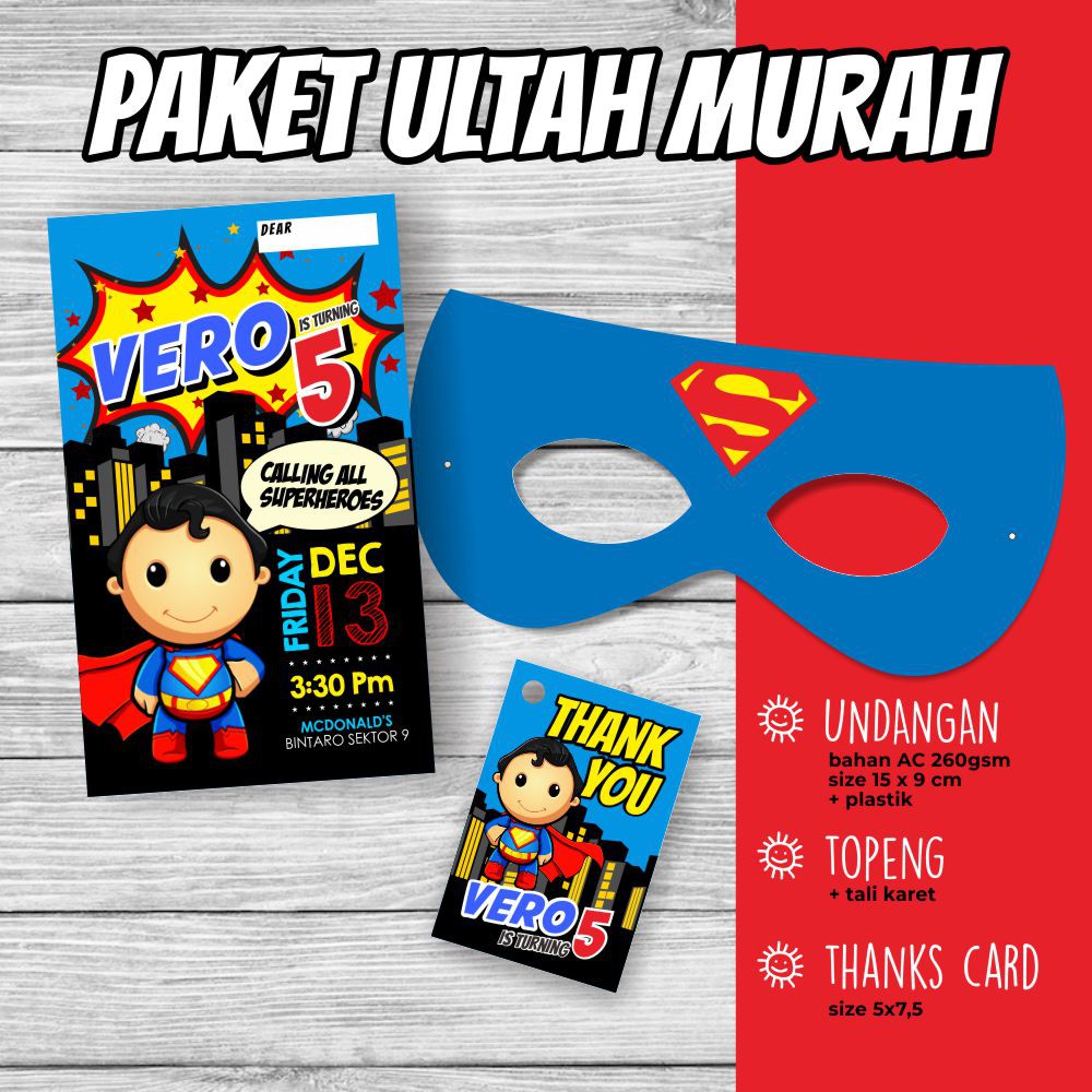 Jual PAKET ULANG TAHUN Superman, Kartu Undangan, Thanks card, Topeng ...