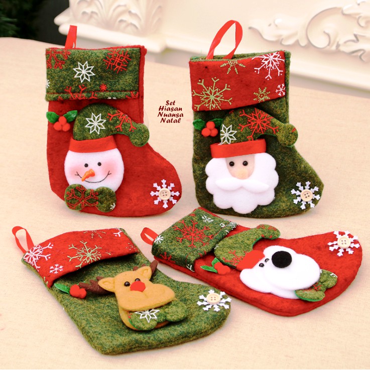 Jual ISI 4 MOTIF Hiasan Natal Bentuk kaos kaki santa Christmas ...