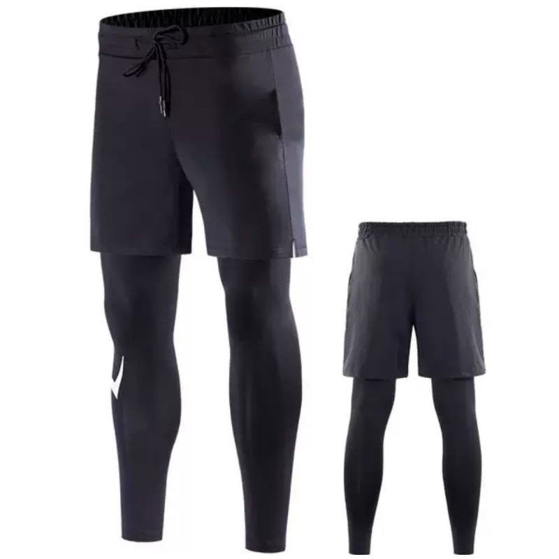 Jual Celana Pendek 2 in 1 Pria Legging Panjang Olahraga Gym Fitness ...