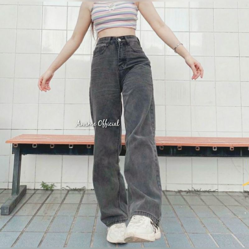 Jual Awsme - Loose Snowgrey Jeans / Celana Highwaist Loose Jeans / HW Loose Jeans Wanita Korean ...