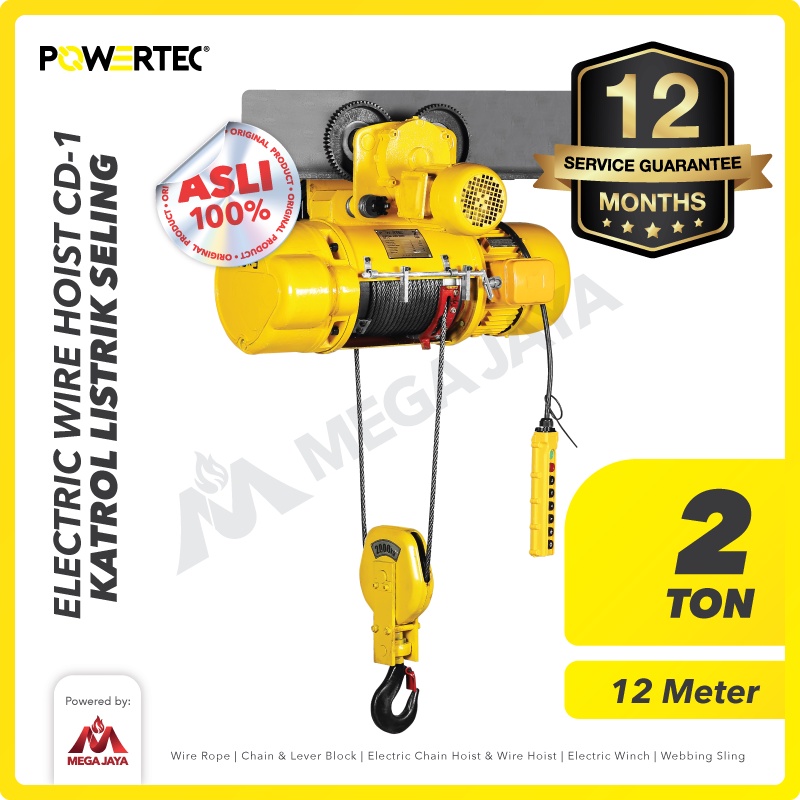 Jual POWERTEC Electric Wire Rope Hoist 2 Ton x 12 Meter 3 Phase CD-1 ...