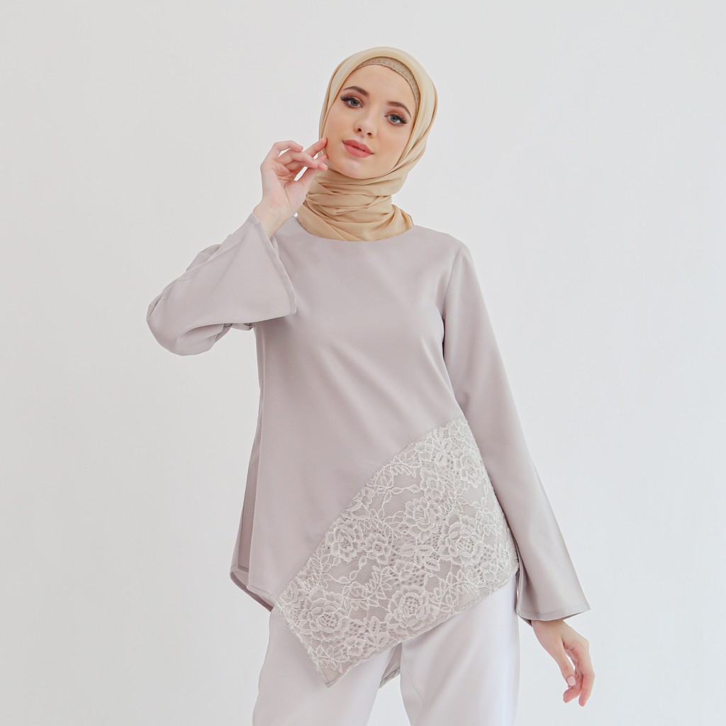 Jual AZZAR Avah Assymetrical Blouse With Grey Lace | Shopee Indonesia