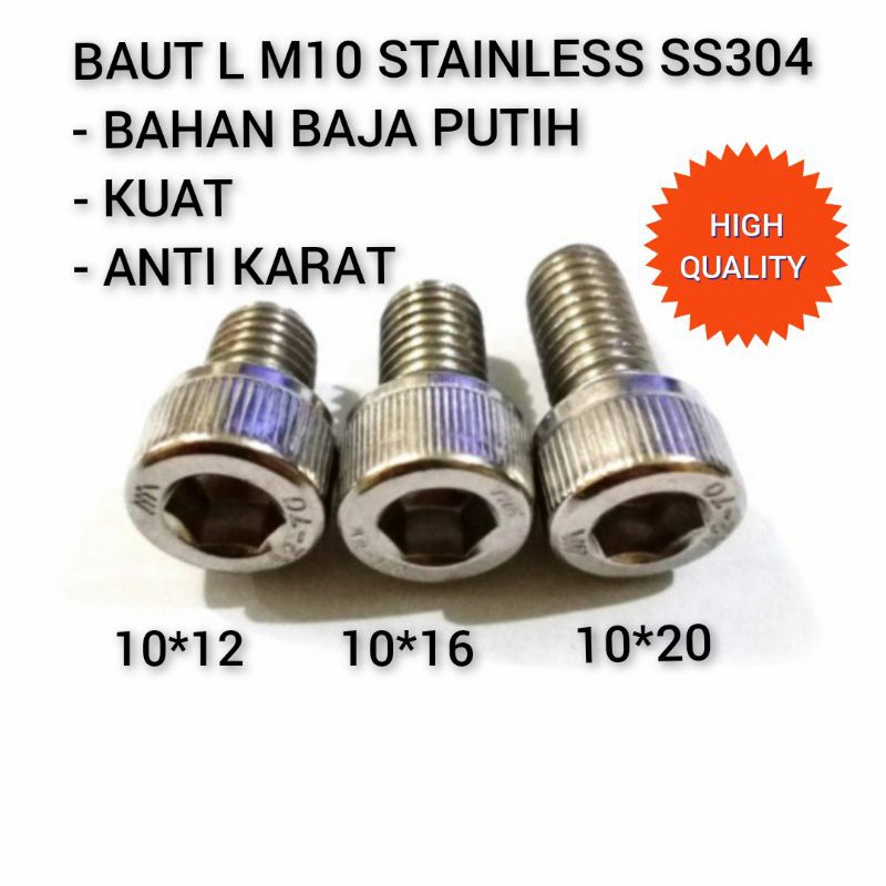 Jual (3pcs) Baut M10 10mm 10x16 mm Baut L Stainless SS 304 Baut Sepeda ...
