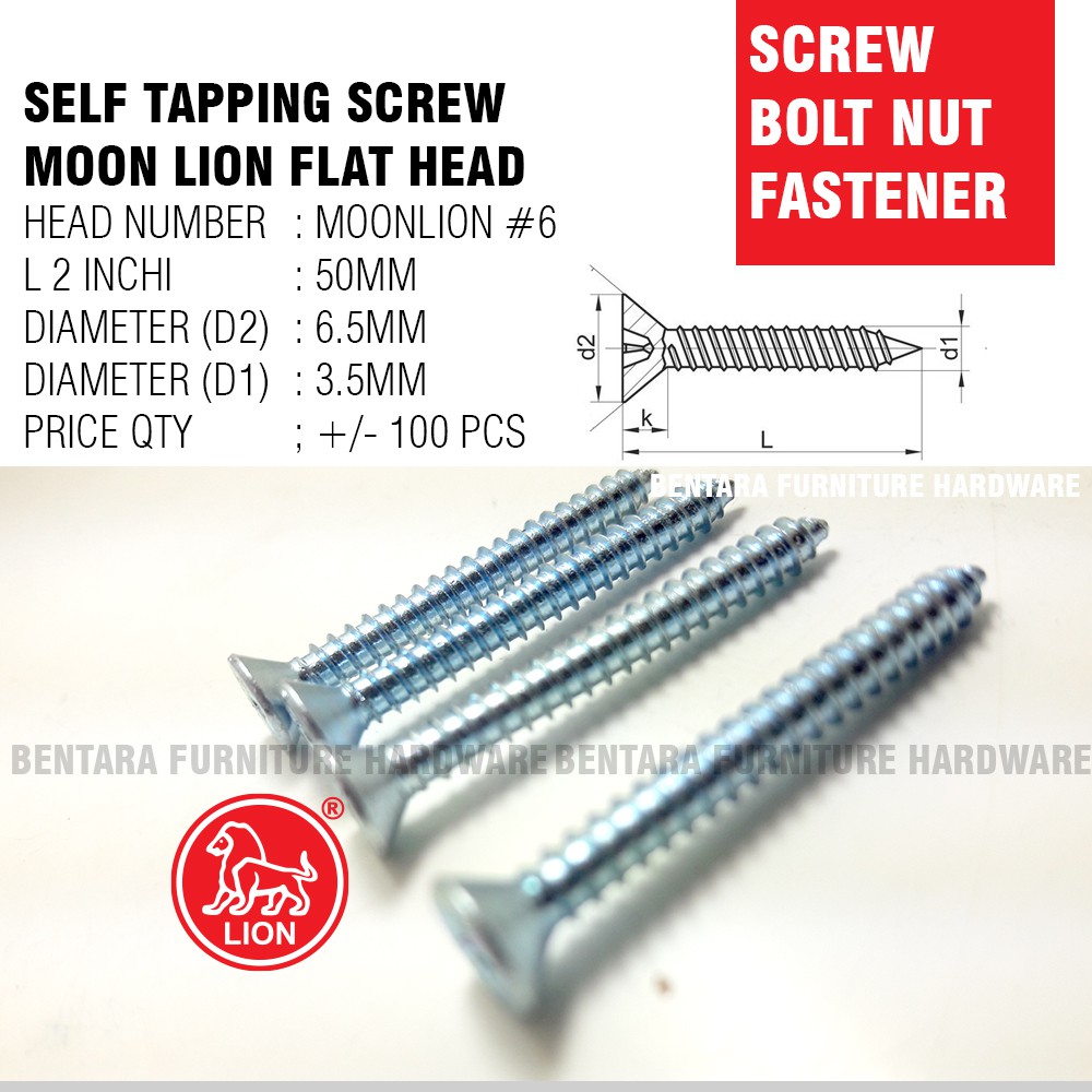 Jual 100 x Moon Lion Skrup #6 x 50MM - Self Tapping Flat Head Screw ...