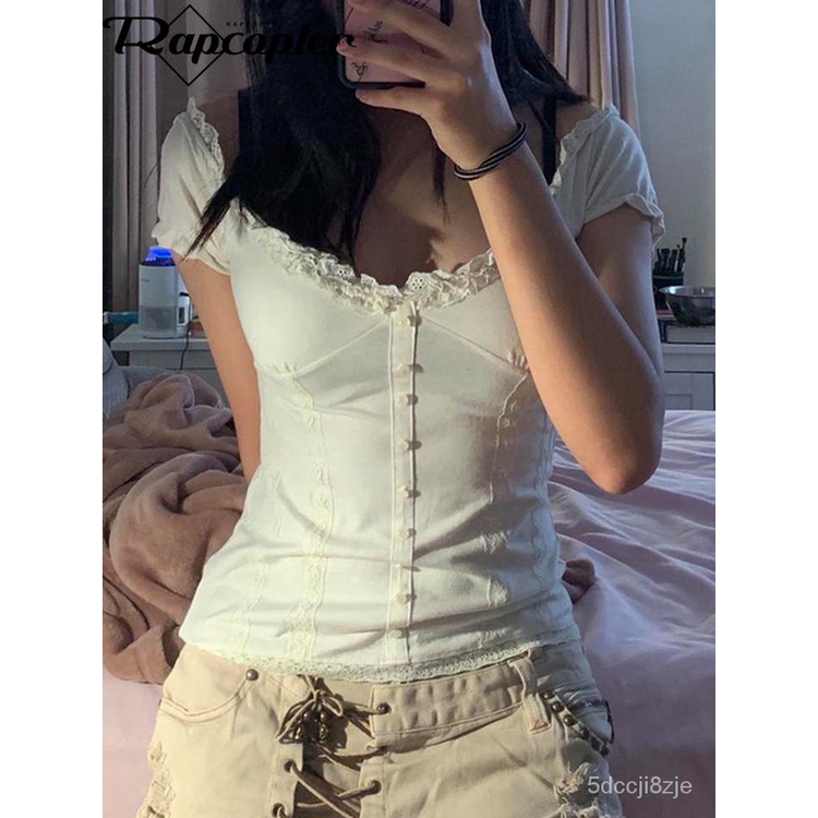 Jual Rapcopter Y2k Frill Crop Top Button Short Sleeve Cute Sweet Tee