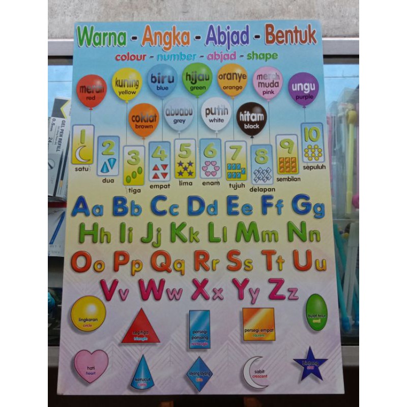 Jual Poster edukasi mengenal Warna angka abjad bentuk dalam bahasa ...
