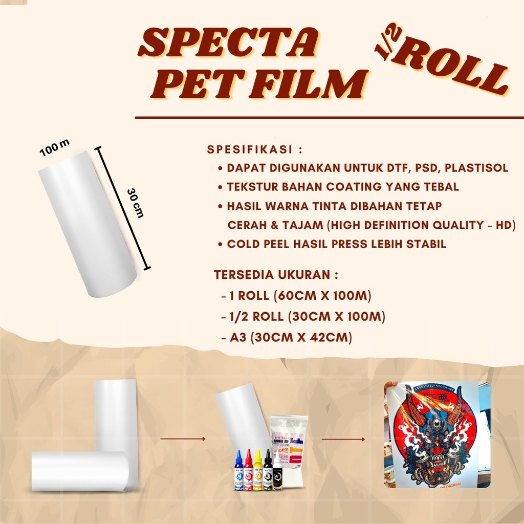 Jual SPECTAFLEX PET FILM DTF METERAN A3+ ROLL 33 CM | DIGITAL SABLON DTF COATING TEBAL GRADE A ...