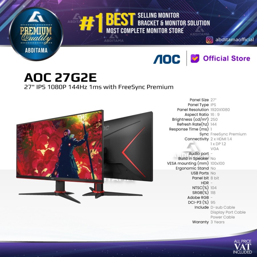 Jual Monitor LED AOC 27G2E 27" IPS 144Hz 1ms VGA HDMI DP FreeSync ...