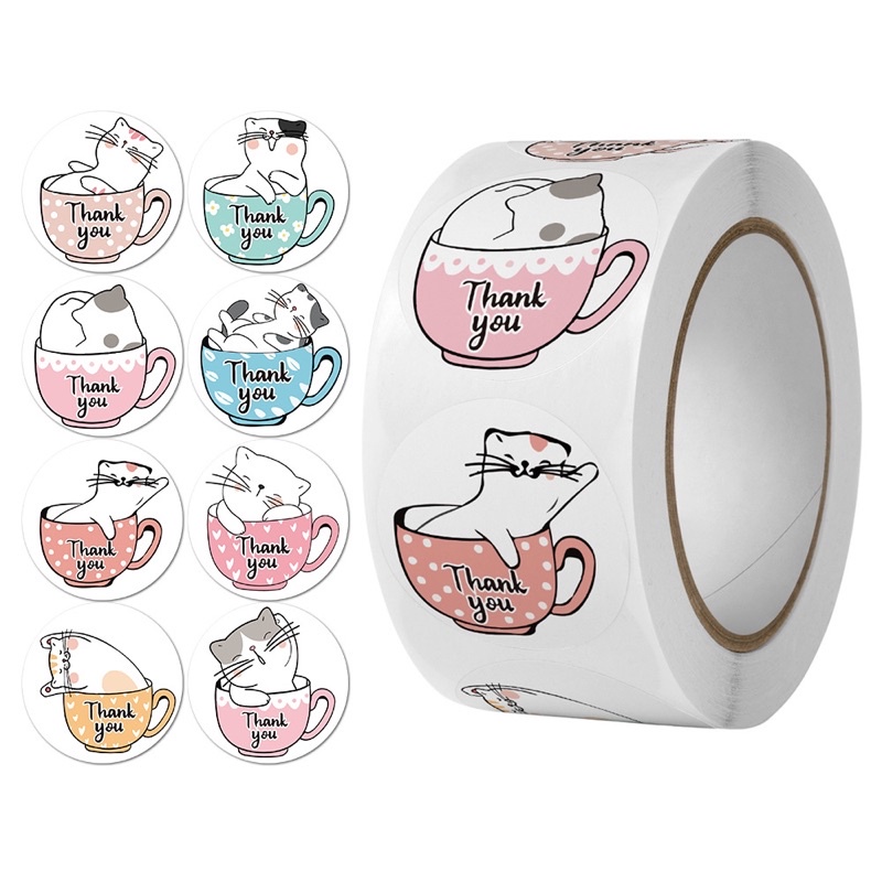 Jual [500Pcs/Roll] Sticker Gulung Thank You Gambar Kucing / Cat Coffee ...