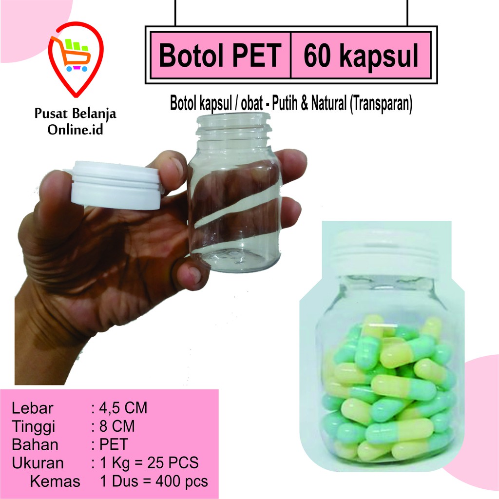 Jual Botol PET 60 KAPSUL plastik KOTAK BULAT bening obat wadah capsul ...