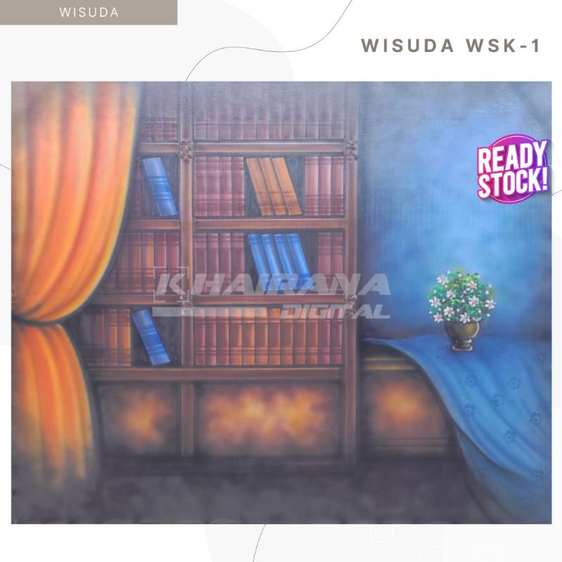 Jual Background Backdrop Layar Foto Wisuda rak buku abstrak biru gorden ...