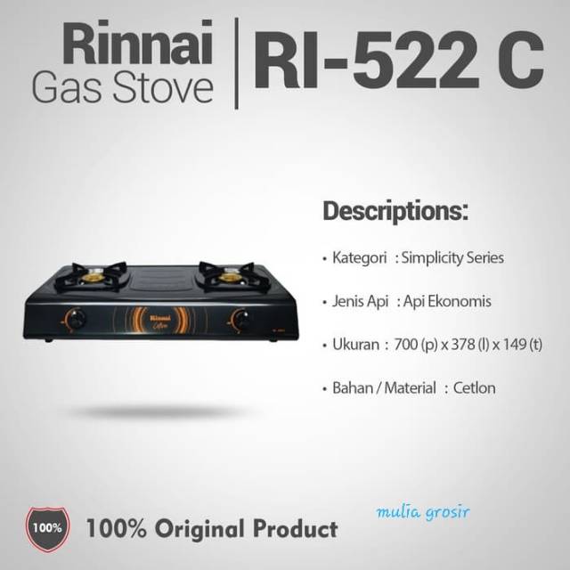 Jual Kompor Gas Rinnai RI 522C dan 522CE / Kompor Rinnai 2 Tungku ...