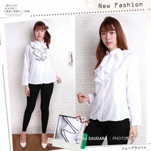 Jual Kemeja putih rumbai dada lengan panjang | Shopee Indonesia