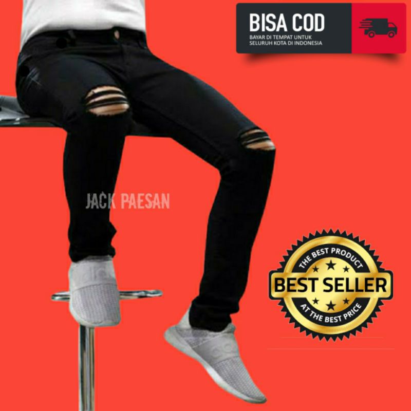 Jual Celana Jeans Sobek Lutut Premium Robek Ripped Hitam Pria Slim Fit ...