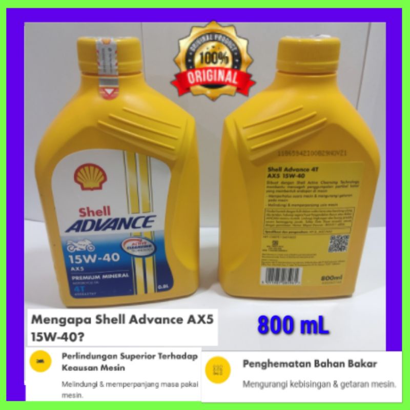 Jual OLI SHELL ADVANCE AX5 15W-40 / 800 ML / PREMIUM MINERAL OIL / BUAT MOTOR BEBEK / ORIGINAL ...