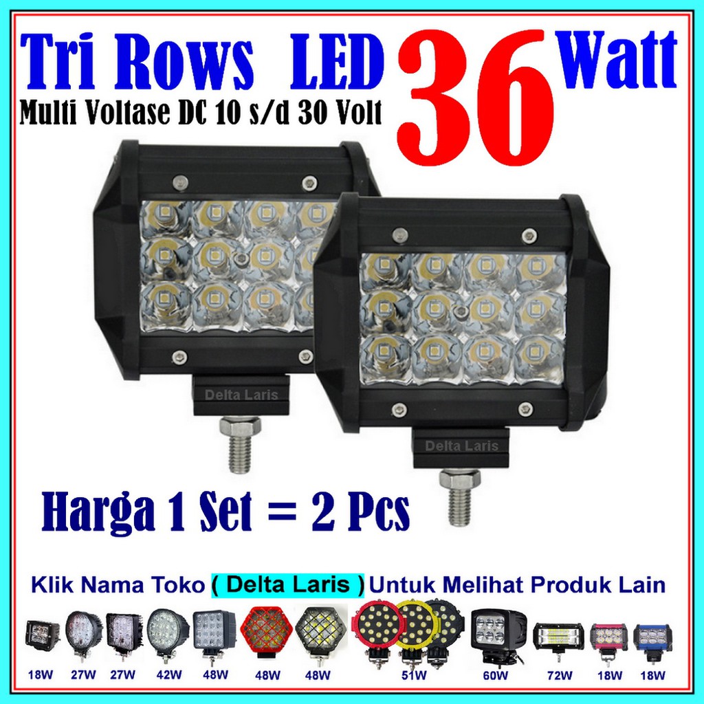 Jual Lampu Sorot Tembak LED 2 Pcs 36 Watt 36w Tri Rows 12 Volt 24 Volt Mobil Motor Offroad Spot ...