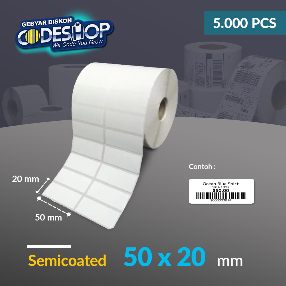 Jual Codeshop Label Semicoated 50 x 20 mm 2 Line Stiker Printer Barcode Core 1 Inch isi 5000 Pcs ...