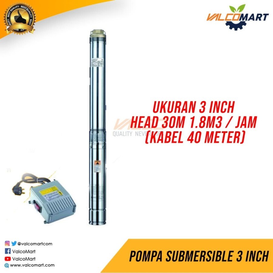 Jual VALCO Pompa Submersible 3 inch Head 30M 1.8m3 / jam (Kabel 40 ...