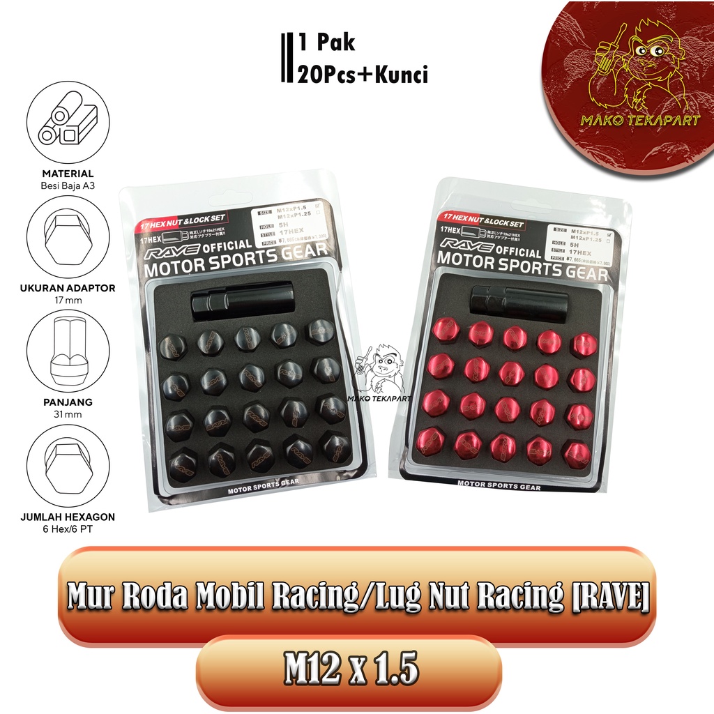 Jual [20 PCS] Lugnut Racing / Mur Roda Velg Mobil Racing M12 x 1.5 / 1. ...