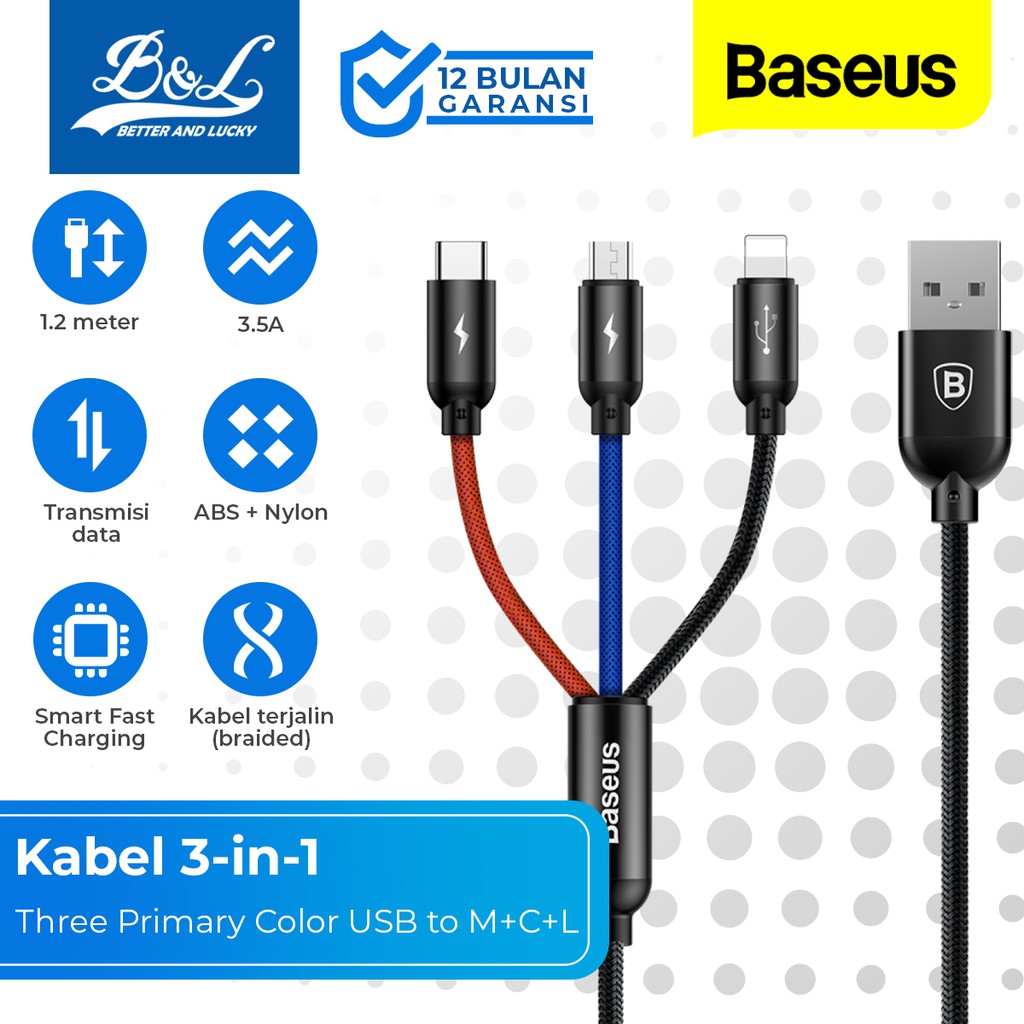 Jual BASEUS Three Primary Color Kabel 3-in-1 3.5A USB-A to M+C+L ...