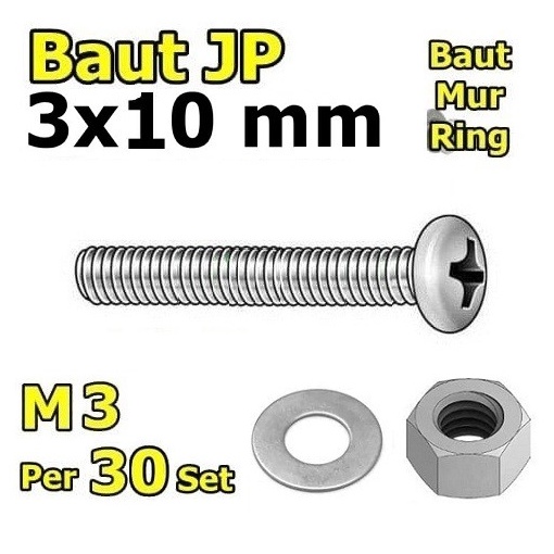 Jual x30 Set Baut Mur Ring M3 x 10mm JP3 3mm 3x10 3x10mm 3 x 10mm Baut ...