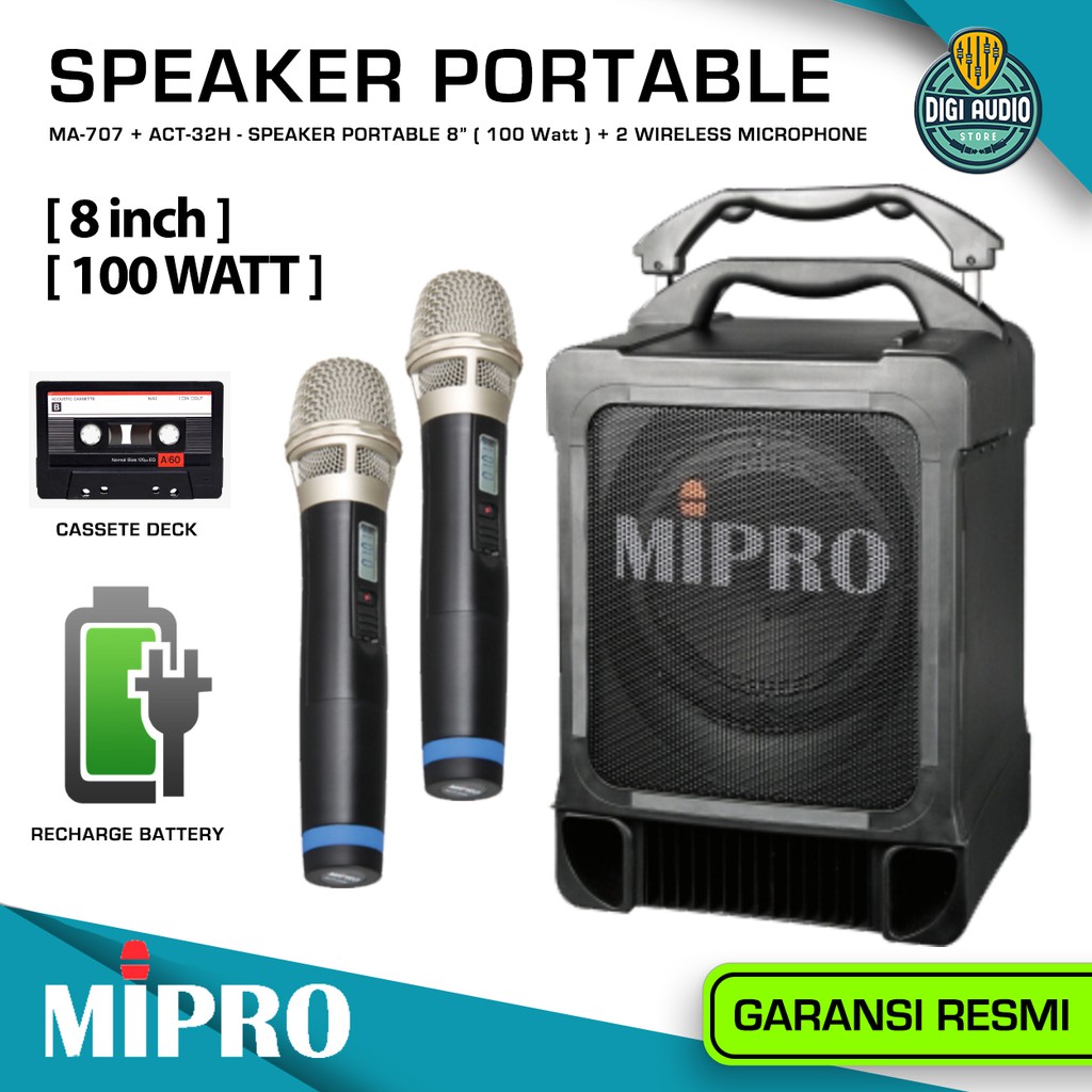 Jual Speaker Portable 8 inch 100 Watt - 2 Mic Wireless Microphone MIPRO MA-707 + ACT-32H Batre ...