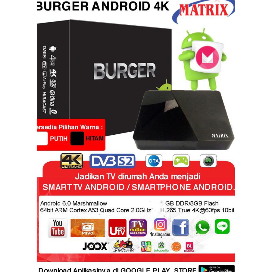 Jual Viav Android Tv Box Matrix Burger 4K H265 + Digital Receiver Lzfh | Shopee Indonesia