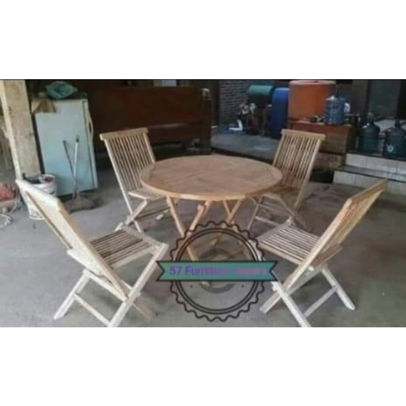 Jual Meja Kursi Makan Cafe/Rumah Makan - Meja Bundar 4 Kursi Lipat Kayu Jati Mentahan | Shopee ...