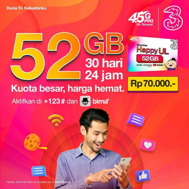 Jual PAKET DATA TRI 3 THREE 22GB 52GB UNLIMITED YOUTUBE 30 HARI 24JAM ...