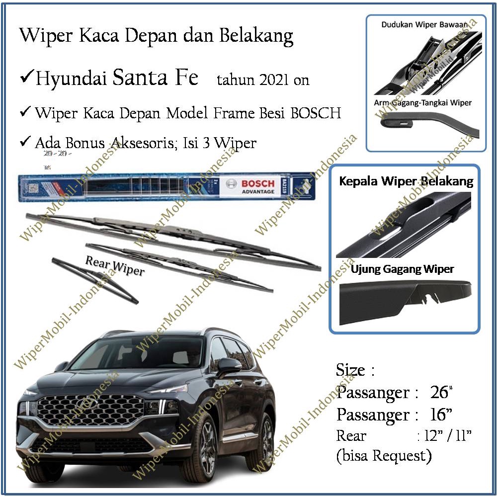 Jual Wiper Bosch Kaca Depan Belakang Hyundai Santa Fe 2021 2022 2023