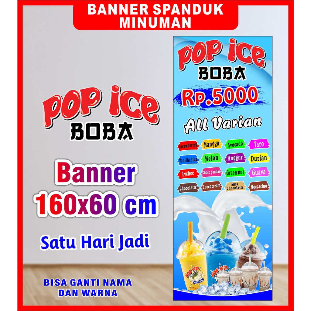 Jual Banner Pop Ice Boba, COD Spanduk minuman Pop Ice BOBA 160X60cm ...