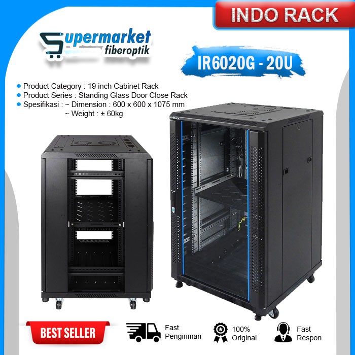 Jual INDORACK Rack Server Standing Close Rack 20U Glass Door IR6020G ...