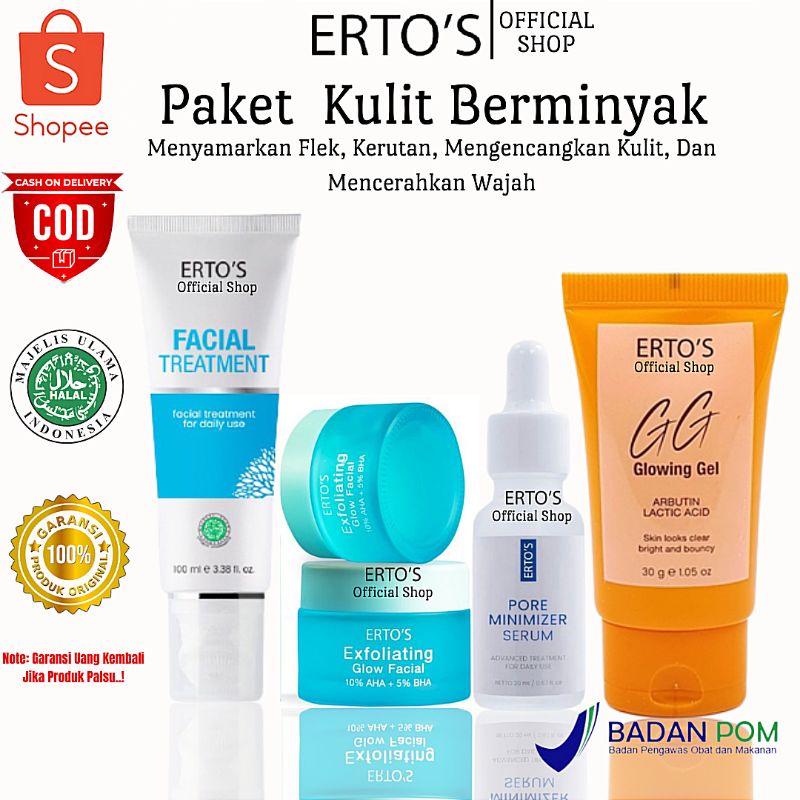 Jual Paket Ertos Cerah Glowing Dan Kulit Berminyak 4 Pcs (FACIAL TREATMENT NEW, EXFOLIATING GEL ...