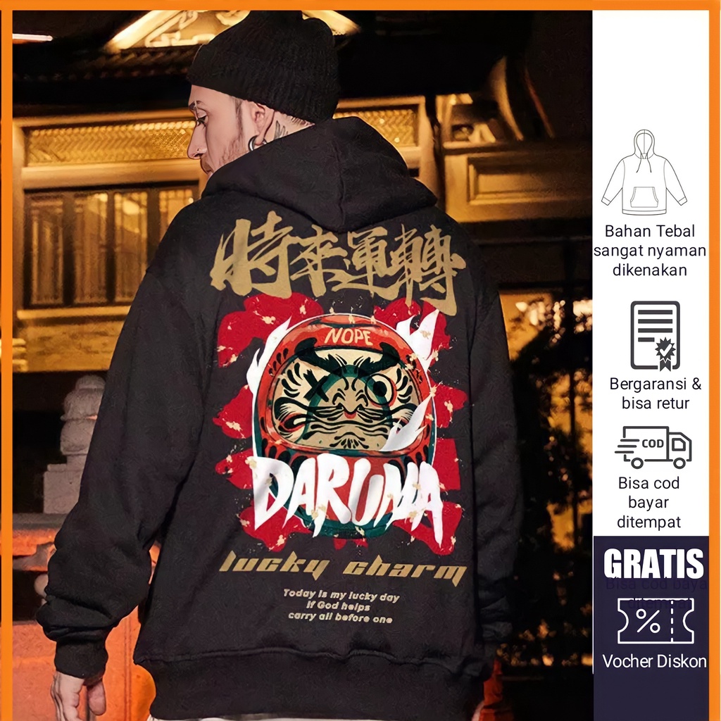 Jual Jaket Sweater Hoodie Daruma Lucky Charm Hitam Oversize Distro ...