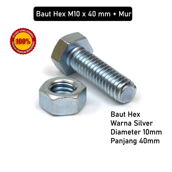 Jual Baut Hex M10 x 40 mm + Mur / Baut Pertukangan Murah | Shopee Indonesia