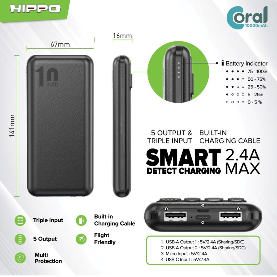 Jual Hippo Power Bank Coral 6000mAh 10000mAh Smart Detect Charging (SDC ...