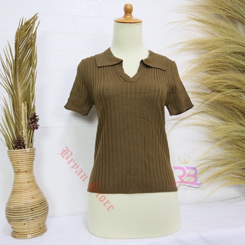 Jual PREMIUM-Atasan Kerah polo Rajut / Korean Vneck Kra Blouse / Polo Shirt Atasan Wanita lengan ...